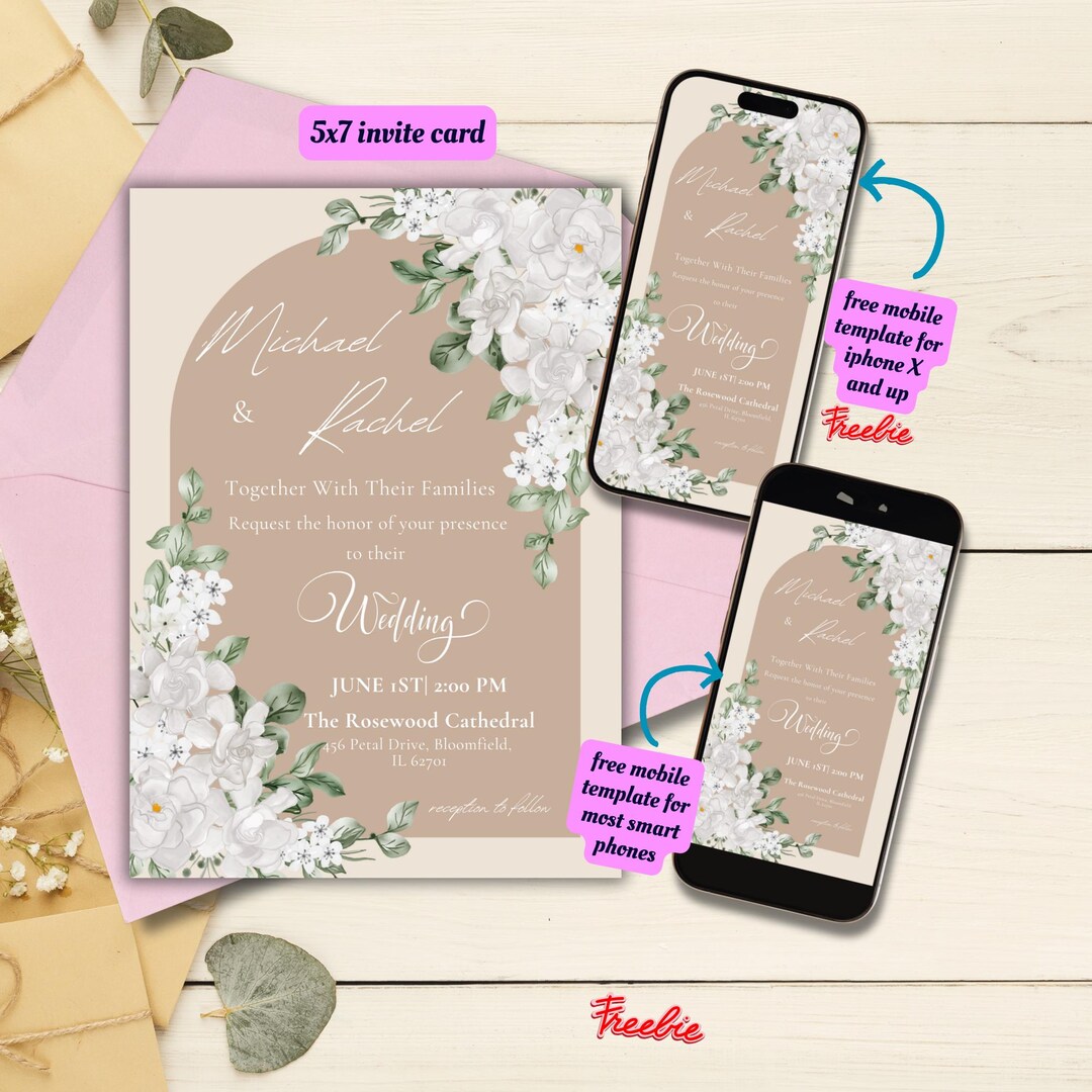 Editable Neutral Tones Floral Wedding Invitation Template, Printable ...