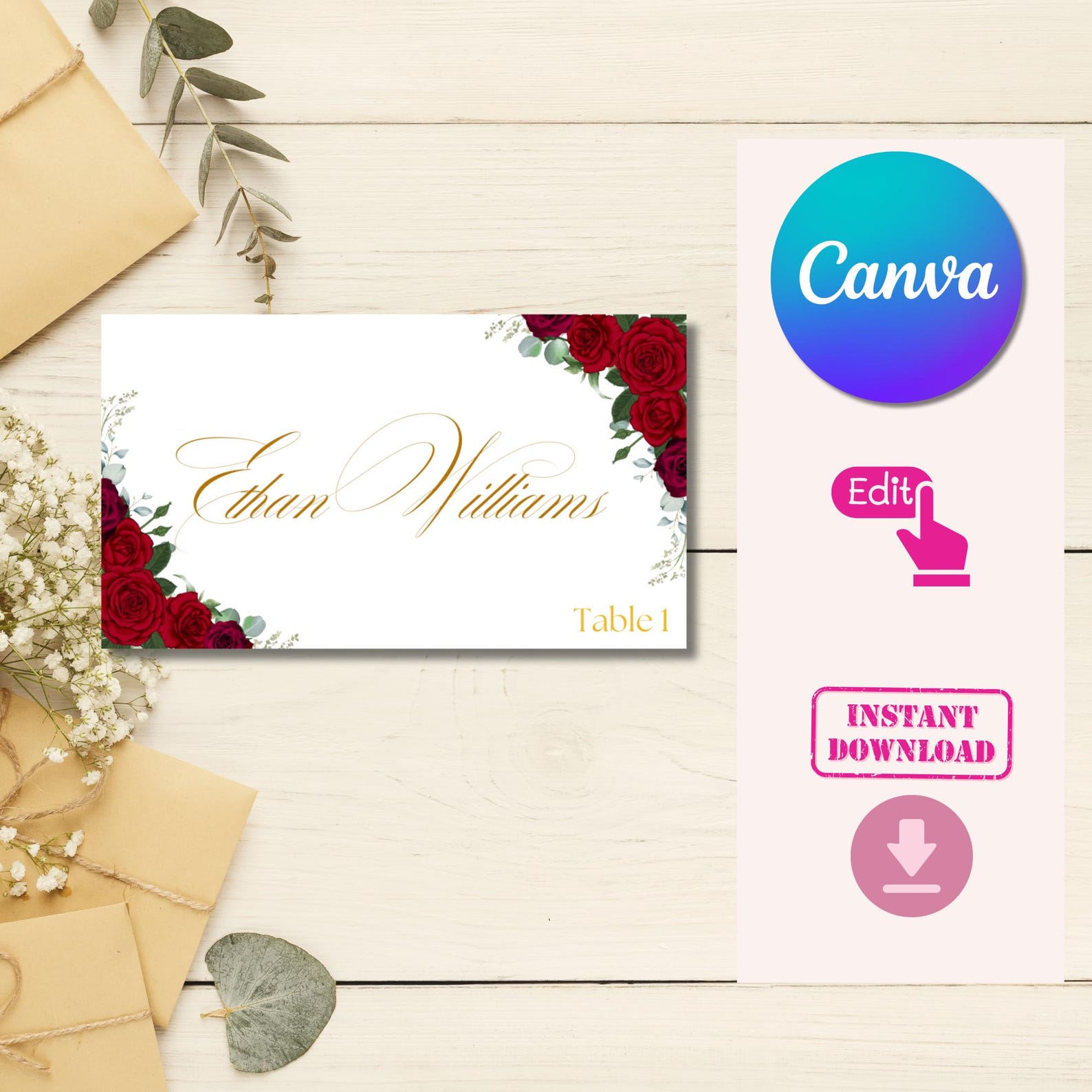 Wedding Place Card Template White Background and Red Roses Editable ...
