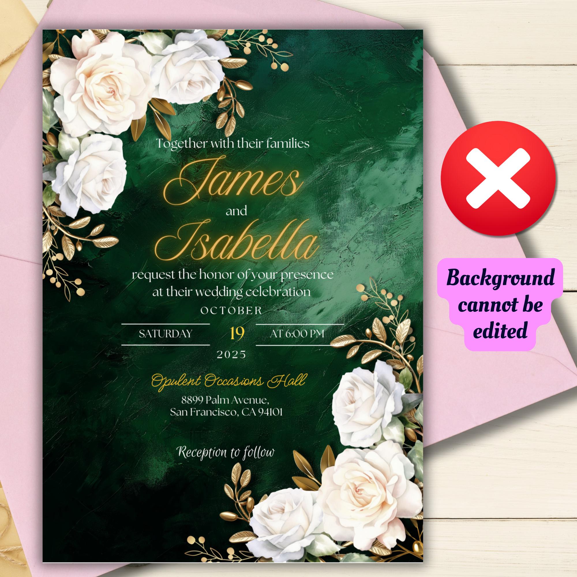 Editable Emerald Green Wedding Invitation Template, Gold and Green ...