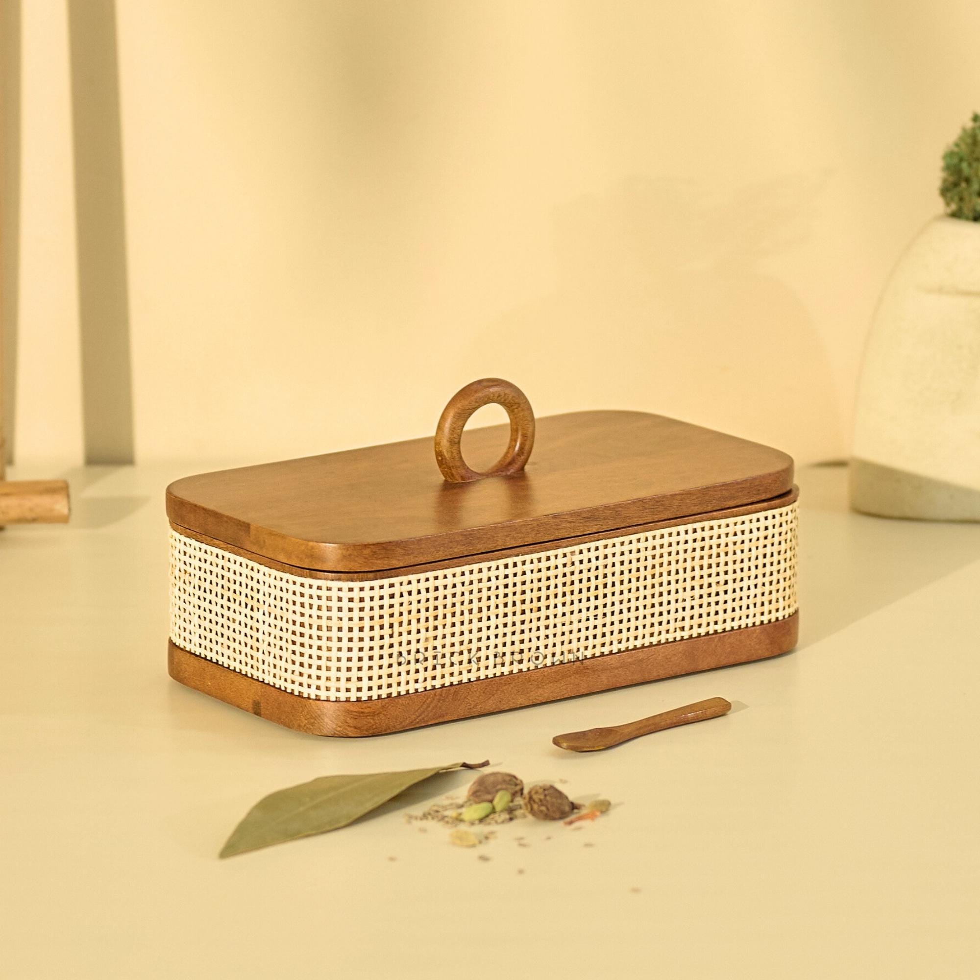 Brick Brown® Wooden Tresso Masala Box for Kitchen | Handcrafted Rattan ...