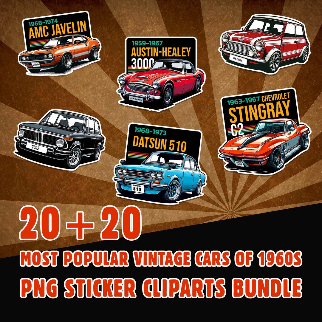 2020 Sticker Cliparts Bundle Most Popular Vintage Cars of 1960s Period ...