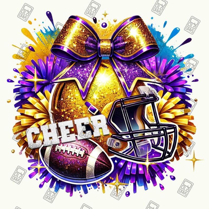 Purple Gold Football Cheer Design PNG Glitter Helmet & Pom Poms ...