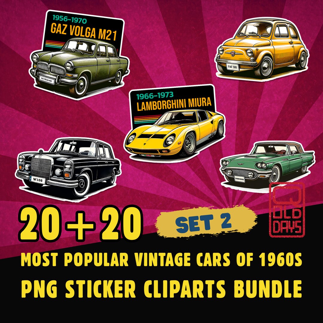 2020 Sticker Cliparts Bundle set 2 Most Popular Vintage Cars of 1960s ...