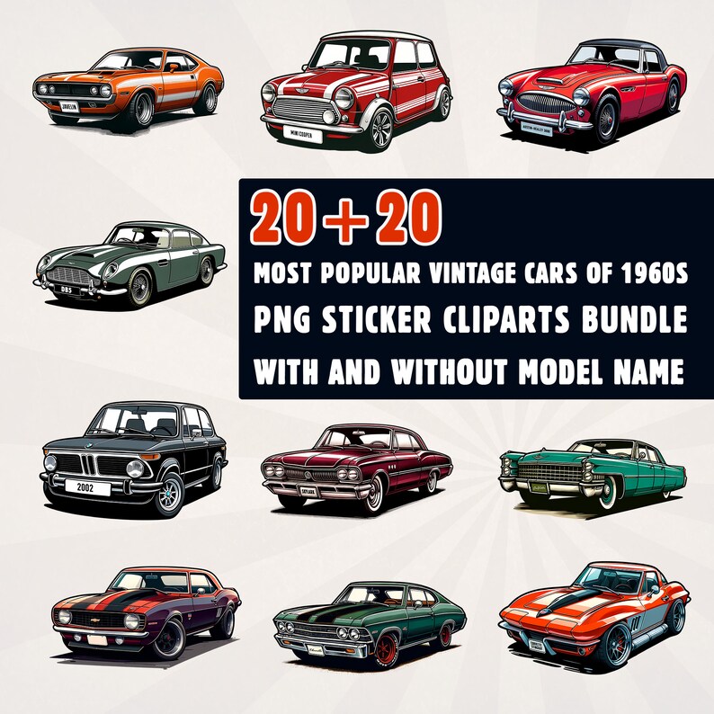 2020 Sticker Cliparts Bundle Most Popular Vintage Cars of 1960s Period ...