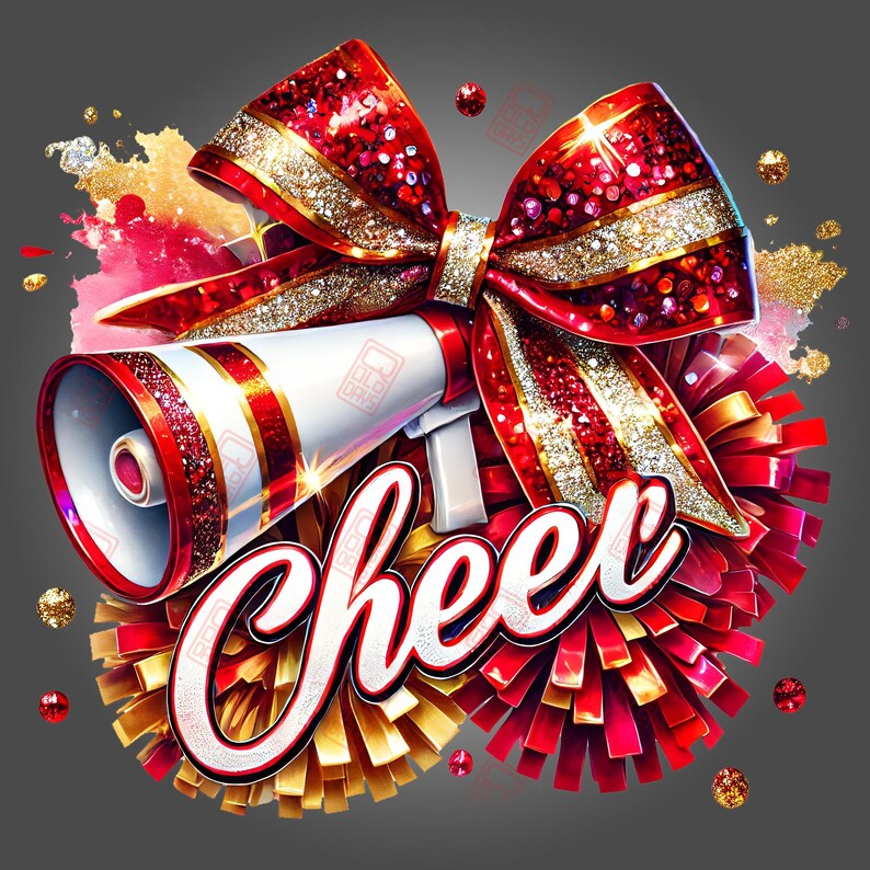 Red Gold White Cheer Sublimation PNG Glitter Bow & Megaphone Design ...