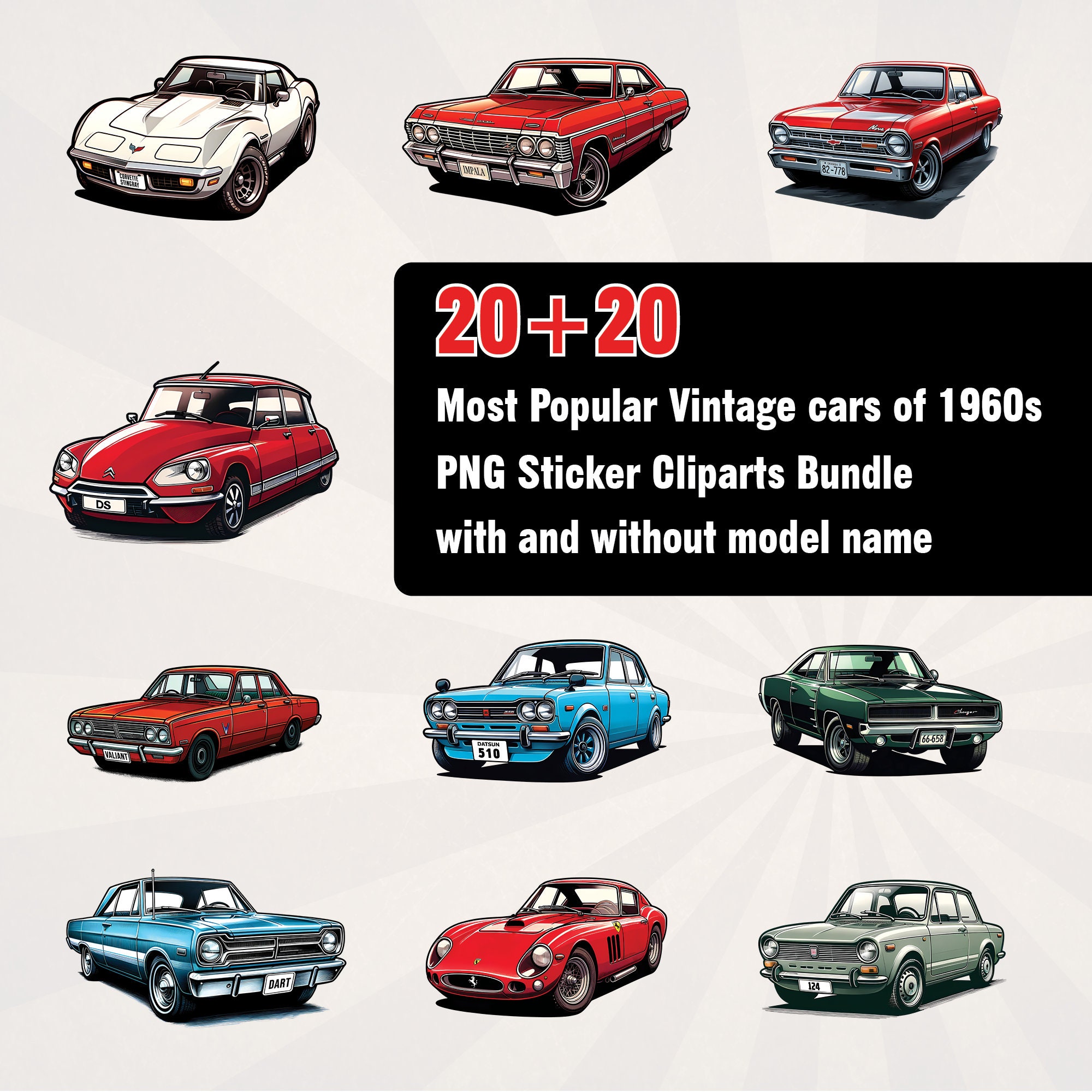 2020 Sticker Cliparts Bundle Most Popular Vintage Cars of 1960s Period ...