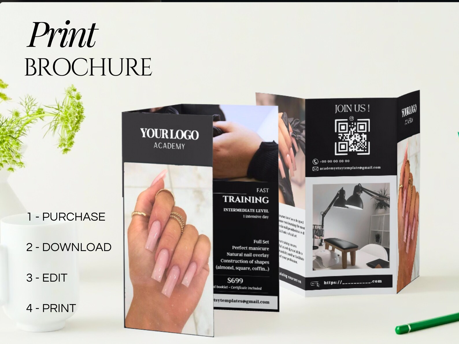 Nails Trainer Trifold Brochure Template, Printable Nails Technician ...