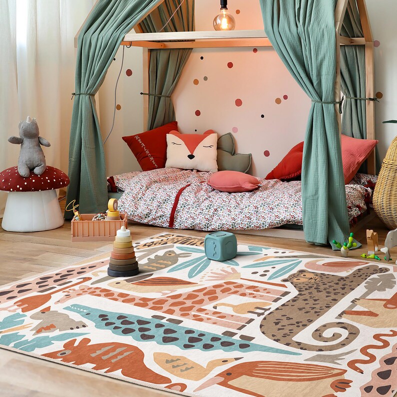 Jungle Animals Nursery Rug|safari Animal Patterned Kids Rug|zoo Animal ...