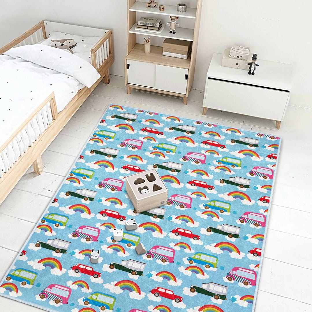 Rainbow Car Playroom Rug |vehicles Baby Boy Carpet| Kids Room Mat, Anti ...