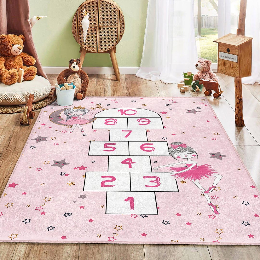 Educational Hopscotch Themed Kids Playroom Rug|pink Fairy Girl Kids ...