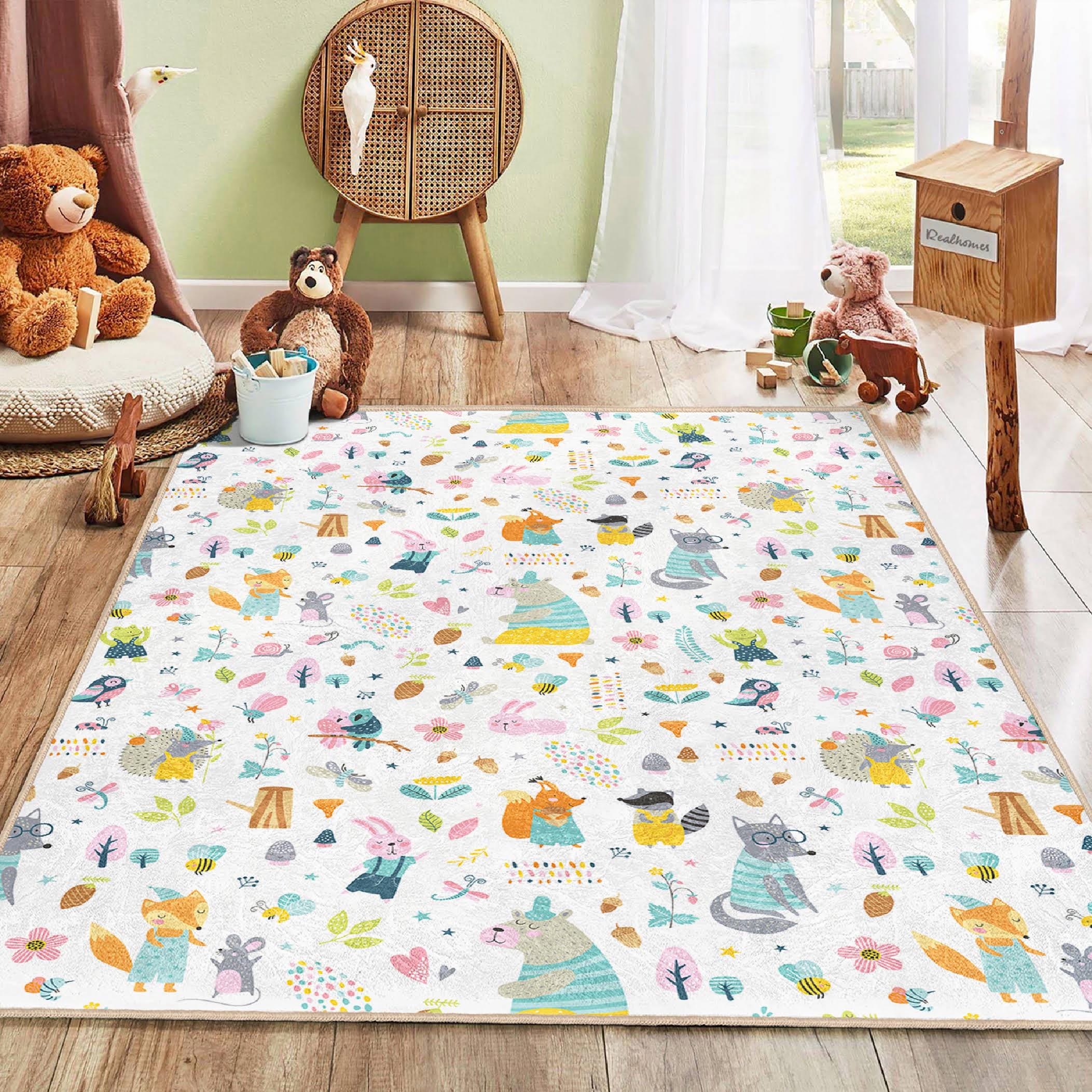 Cheerful Animal Figures Kids Rugwoodland Themed Kids Room ...