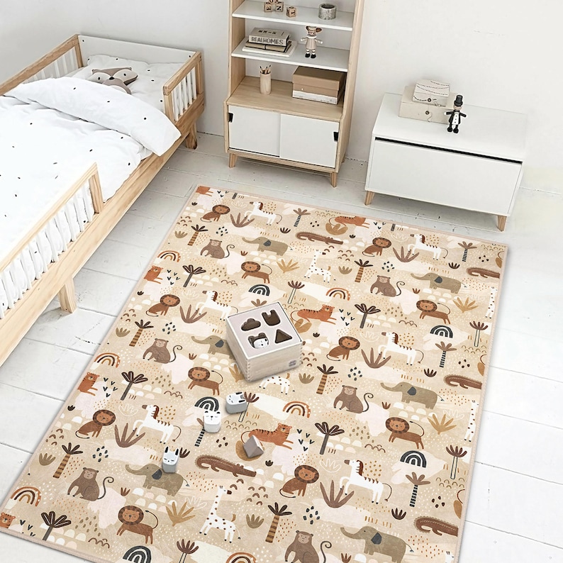 Safari Nursery Rug | Boho Jungle Animal Playmat|woodland Kids Carpet ...