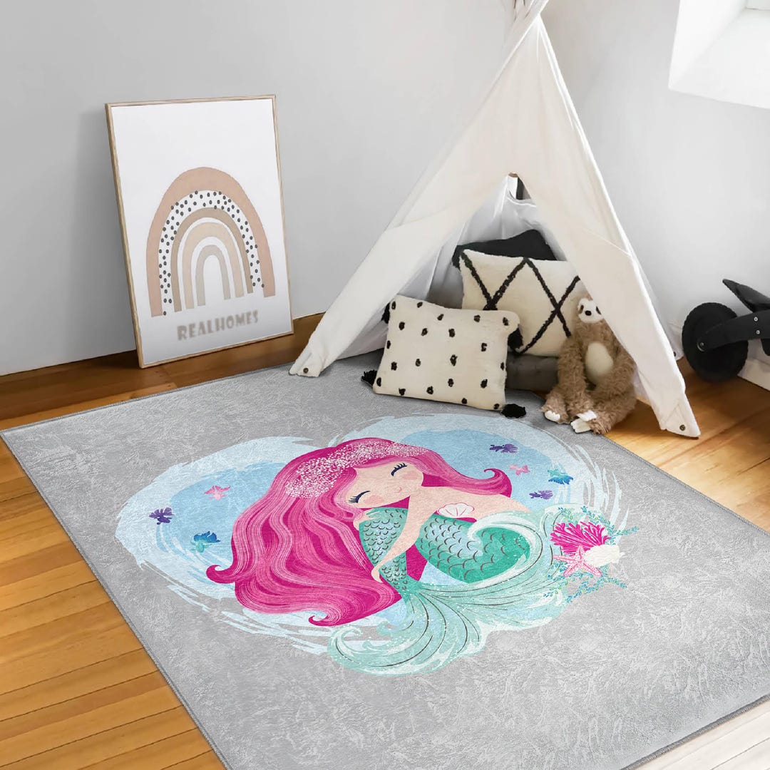 Mermaid Princess Kids Room Rug|little Mermaid Kids Area Rug|gray and ...