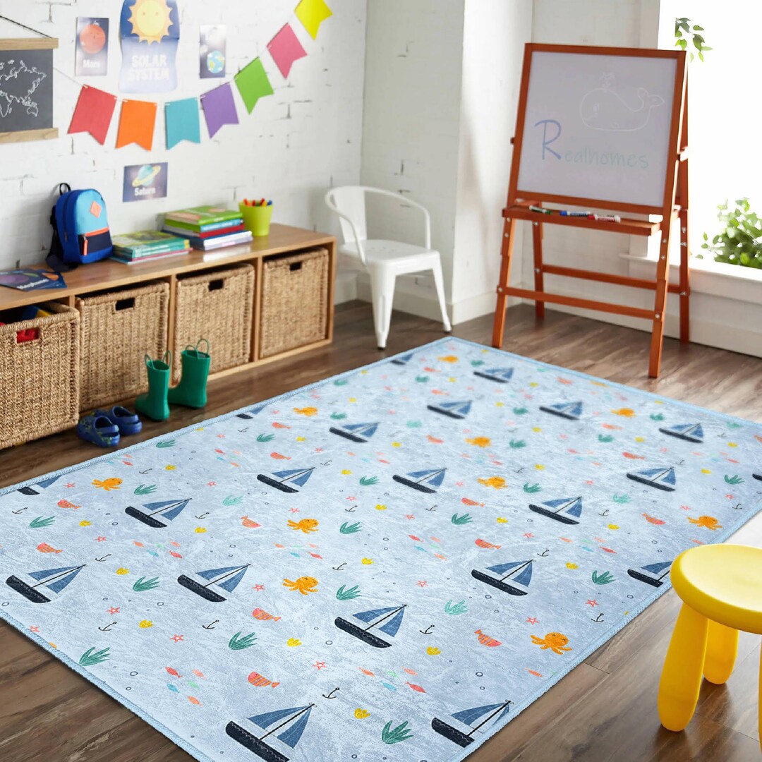 Ocean Nursery Rug | Nautical Theme Activity Mat, Sailboat Print ...