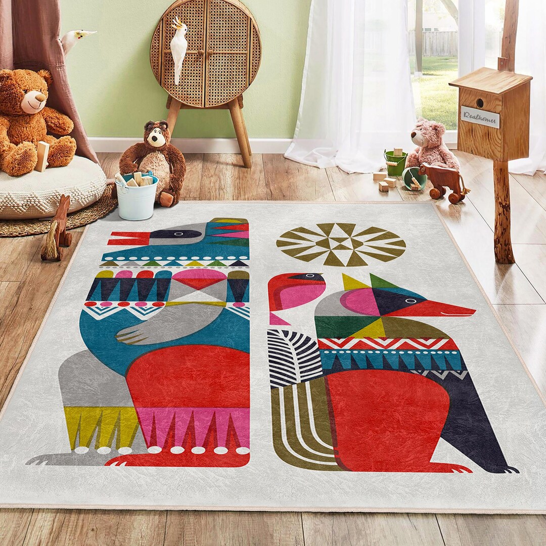 Geometric Animal Nursery Rug, Mid Century Modern Kids Rug, Colorful ...