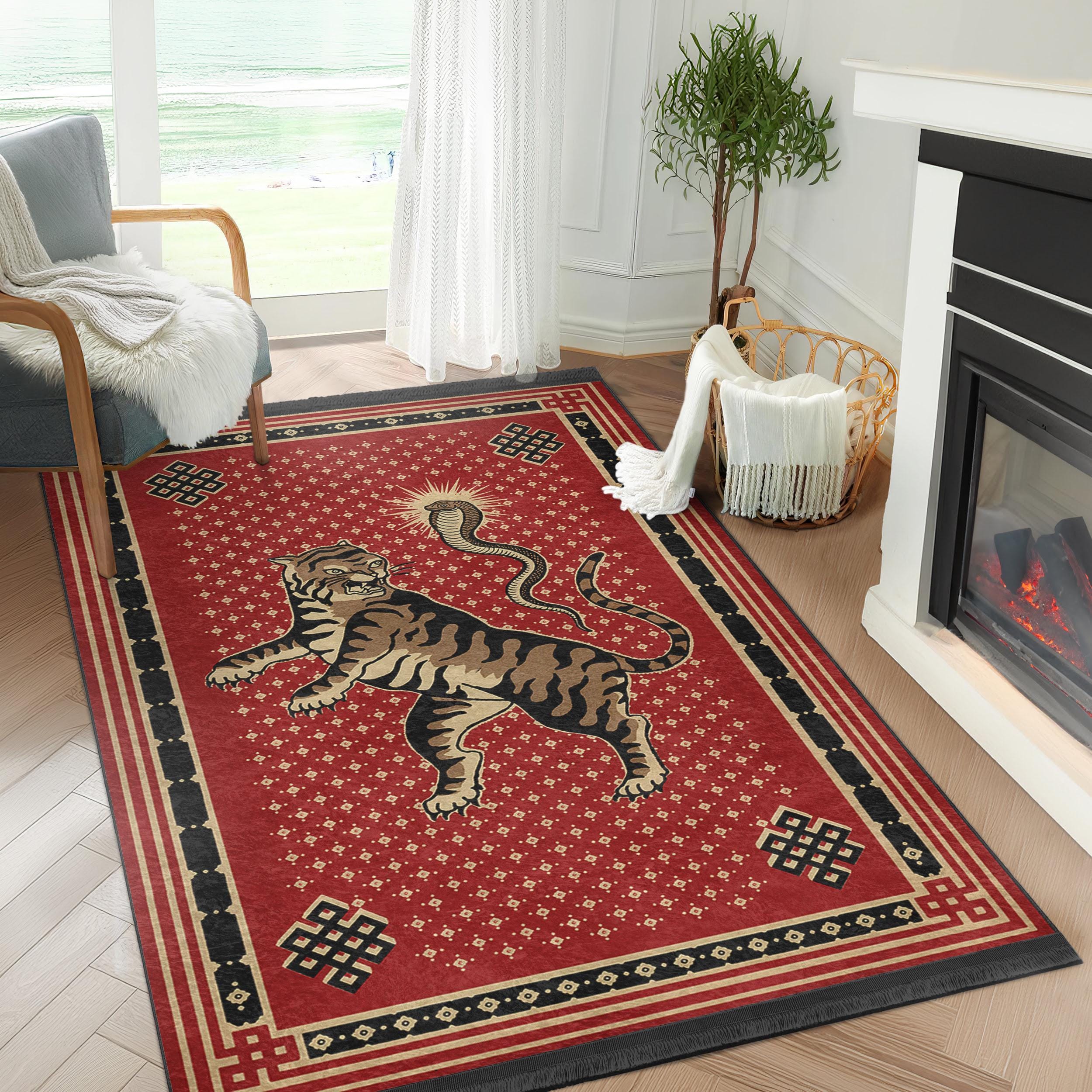 Vintage Tiger Area Rug|asian İnspired Living Room Carpet|red Oriental ...