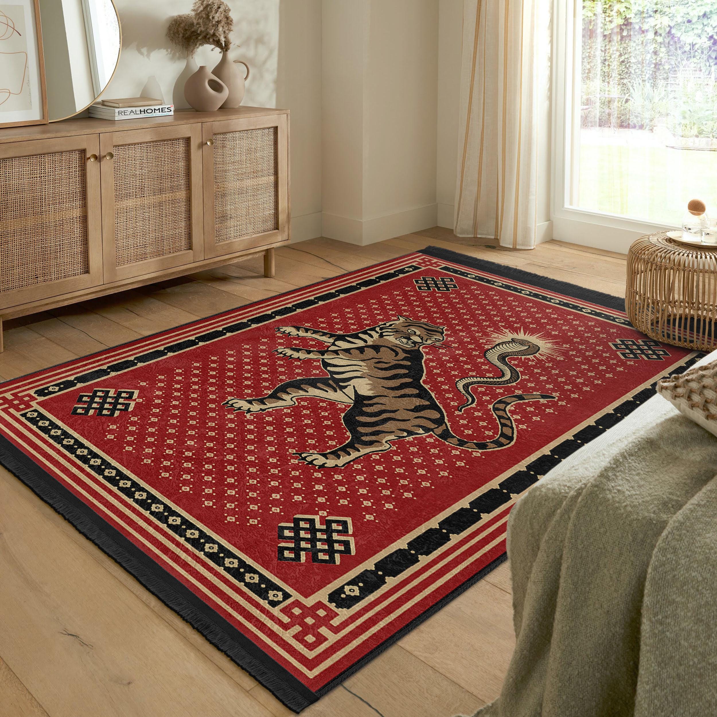 Vintage Tiger Area Rug|asian İnspired Living Room Carpet|red Oriental ...