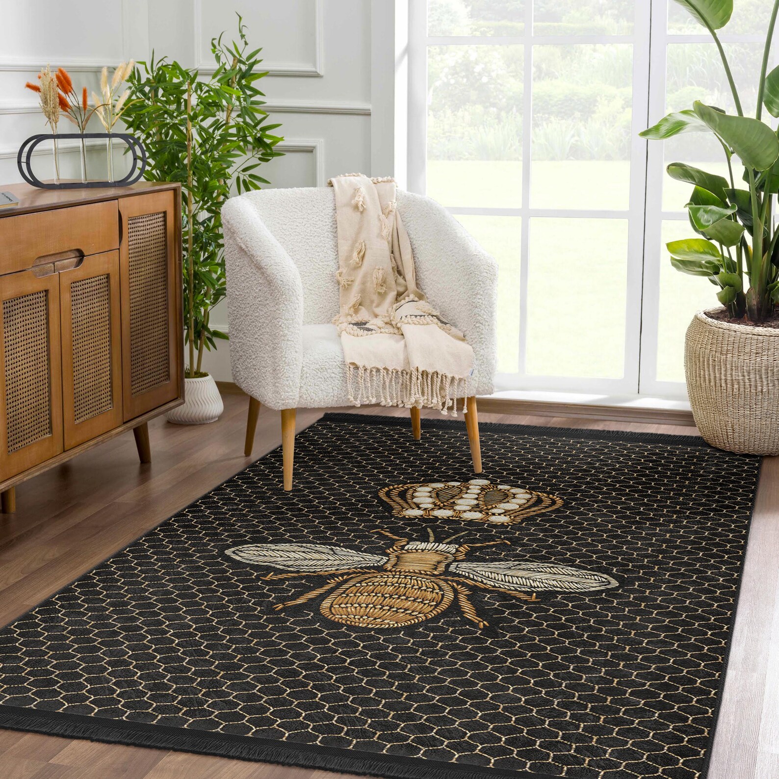 Honeycomb Bee Area Rug | Black and Gold Boho Kitchen Decor|anti Slip - Etsy