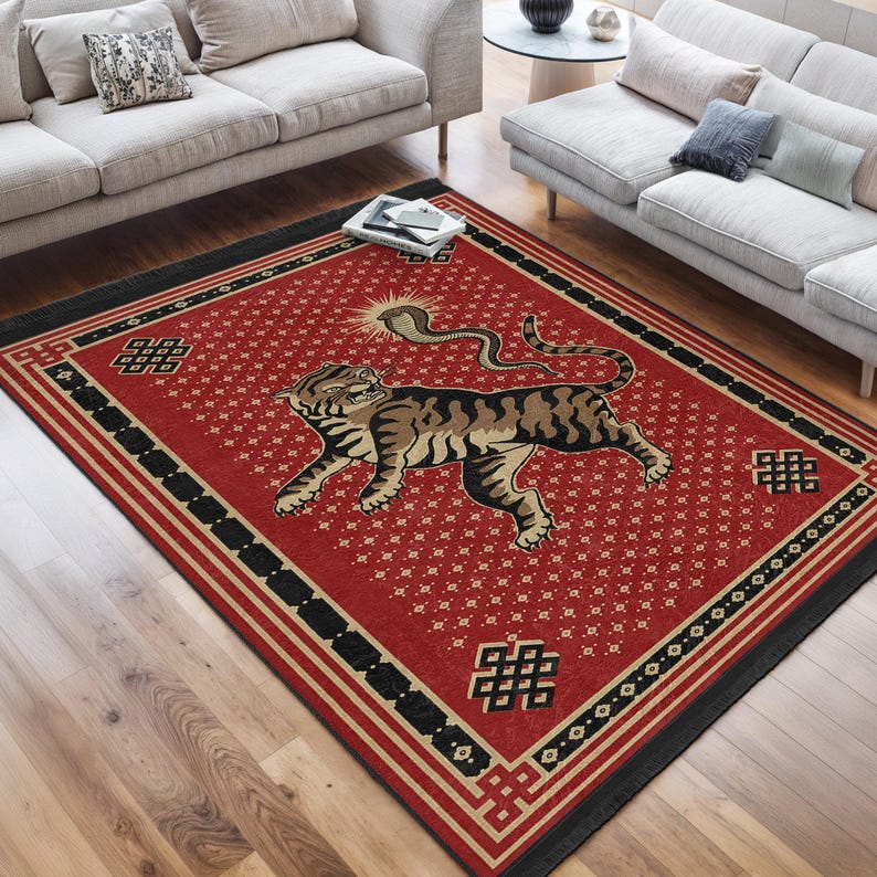 Vintage Tiger Area Rug|asian İnspired Living Room Carpet|red Oriental ...