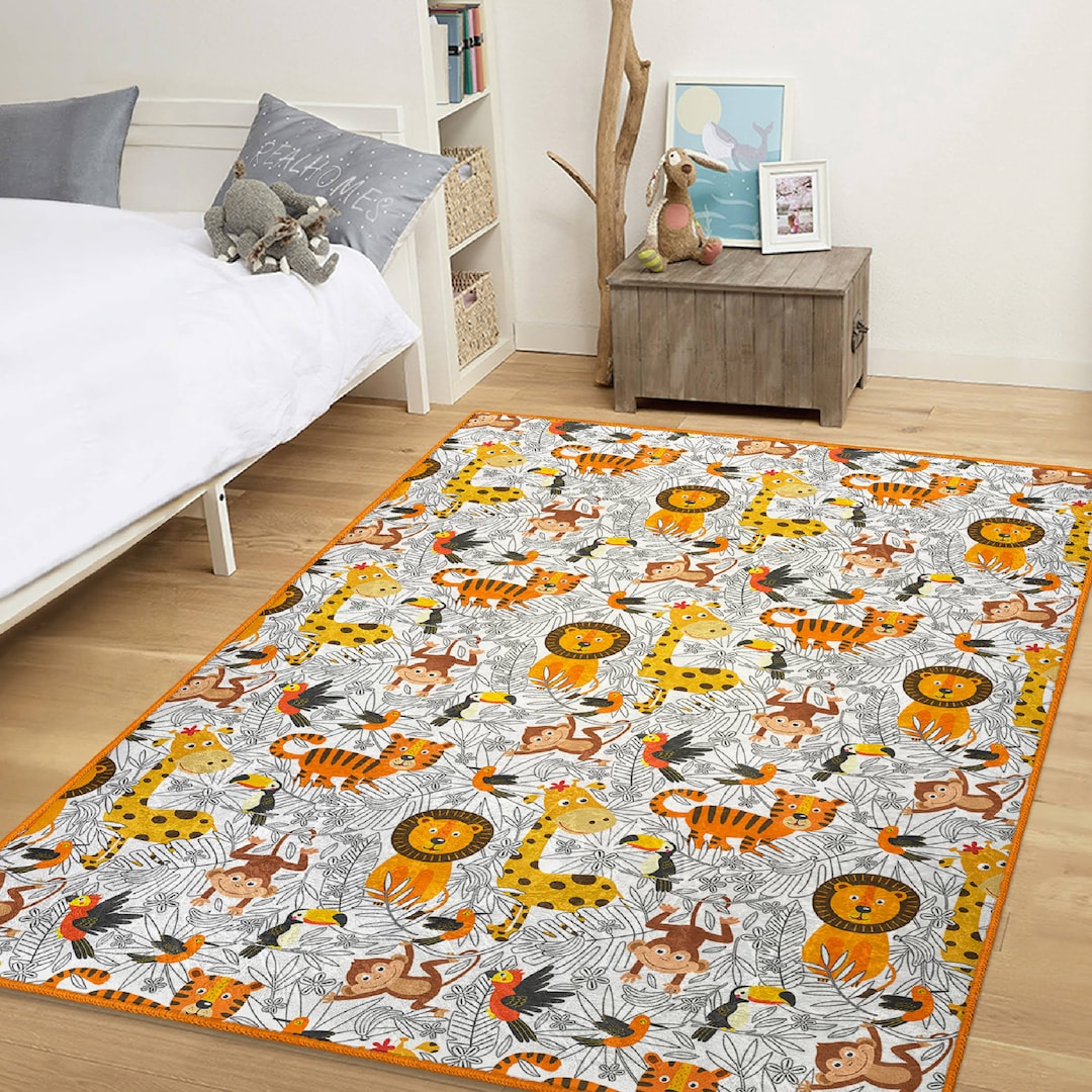 Safari Kids Rug Carpet|animal Activity Play Mat|animal Motif Kids Rug ...