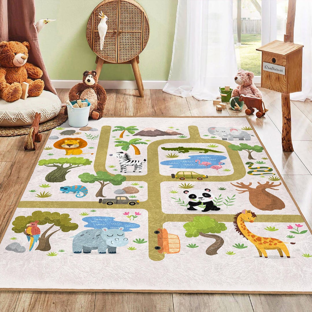Zoo Animals Children Rug|animals Kingdom Babyroom Carpet|road Play Rug ...