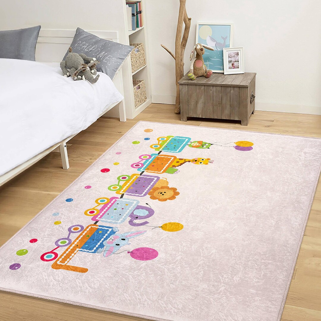 Animal Train Nursery Rug | Safari Kids Playroom Carpet|washable Kids ...