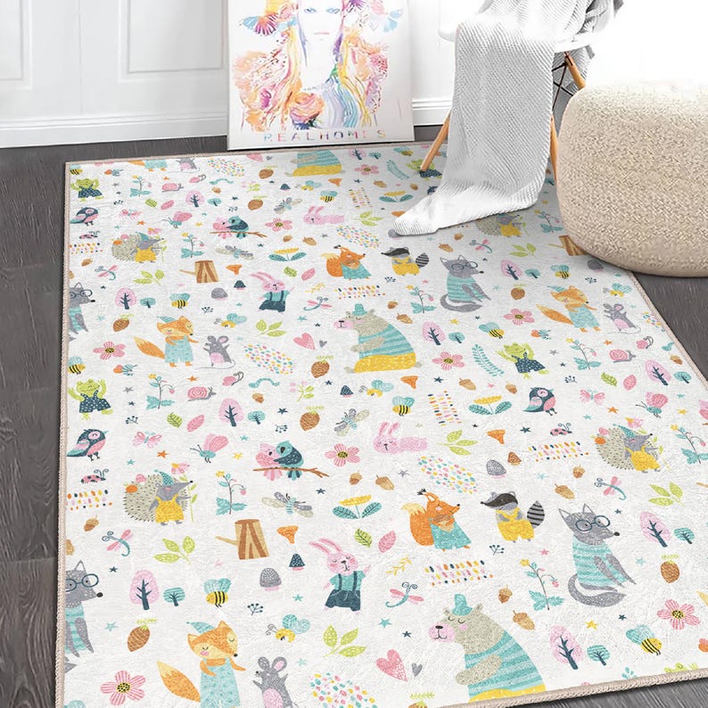 Cheerful Animal Figures Kids Rug|woodland Themed Kids Room Carpet ...