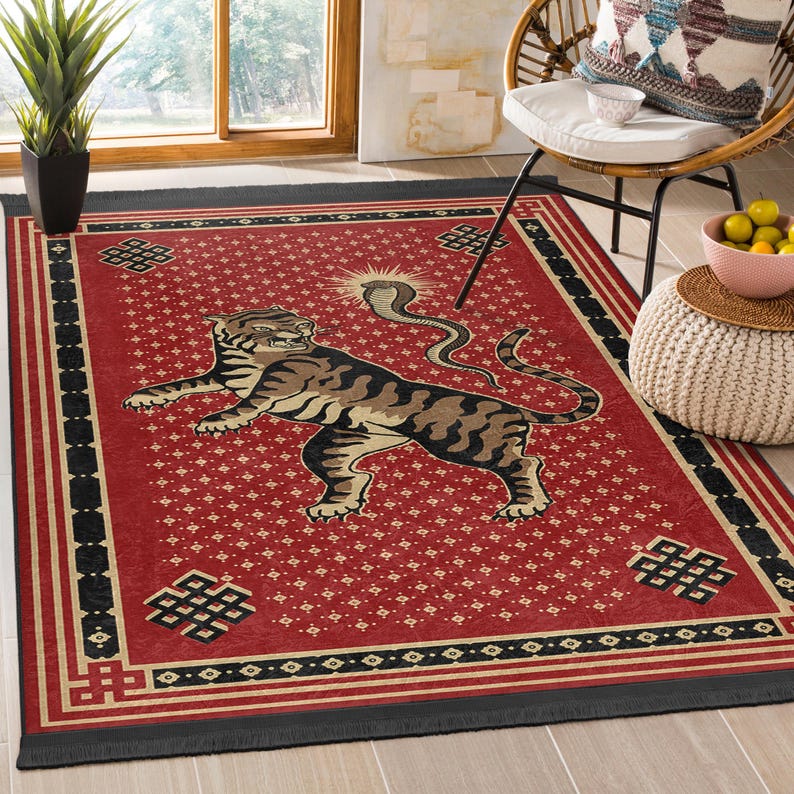 Vintage Tiger Area Rug|asian İnspired Living Room Carpet|red Oriental ...