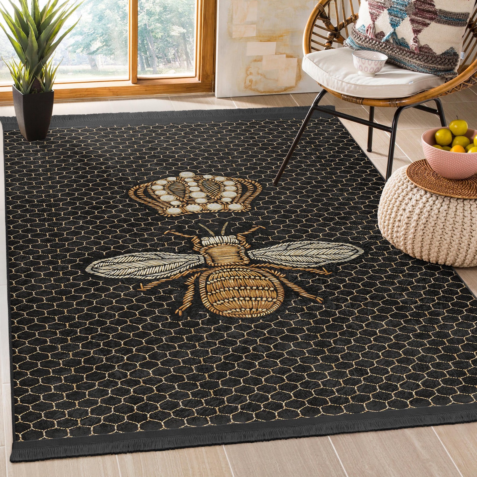 Honeycomb Bee Living Room Carpet|queen Bee Printed Area Rug|black and ...