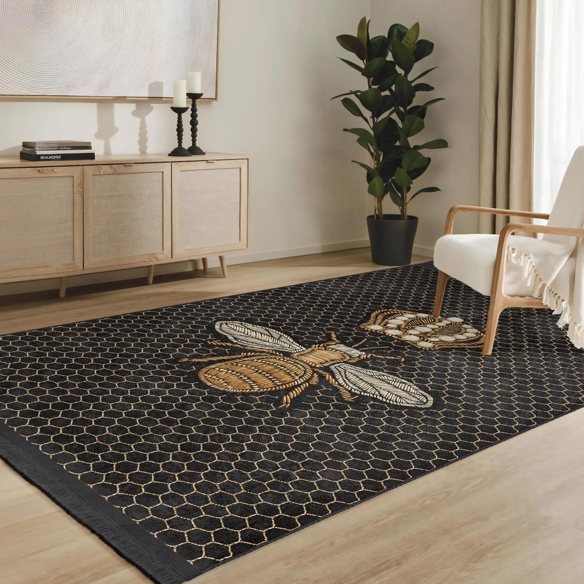 Honeycomb Bee Area Rug | Black and Gold Boho Kitchen Decor|anti Slip - Etsy