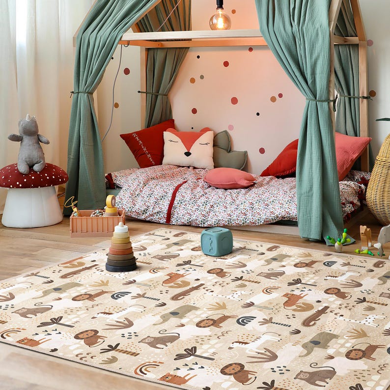 Safari Nursery Rug | Boho Jungle Animal Playmat|woodland Kids Carpet ...