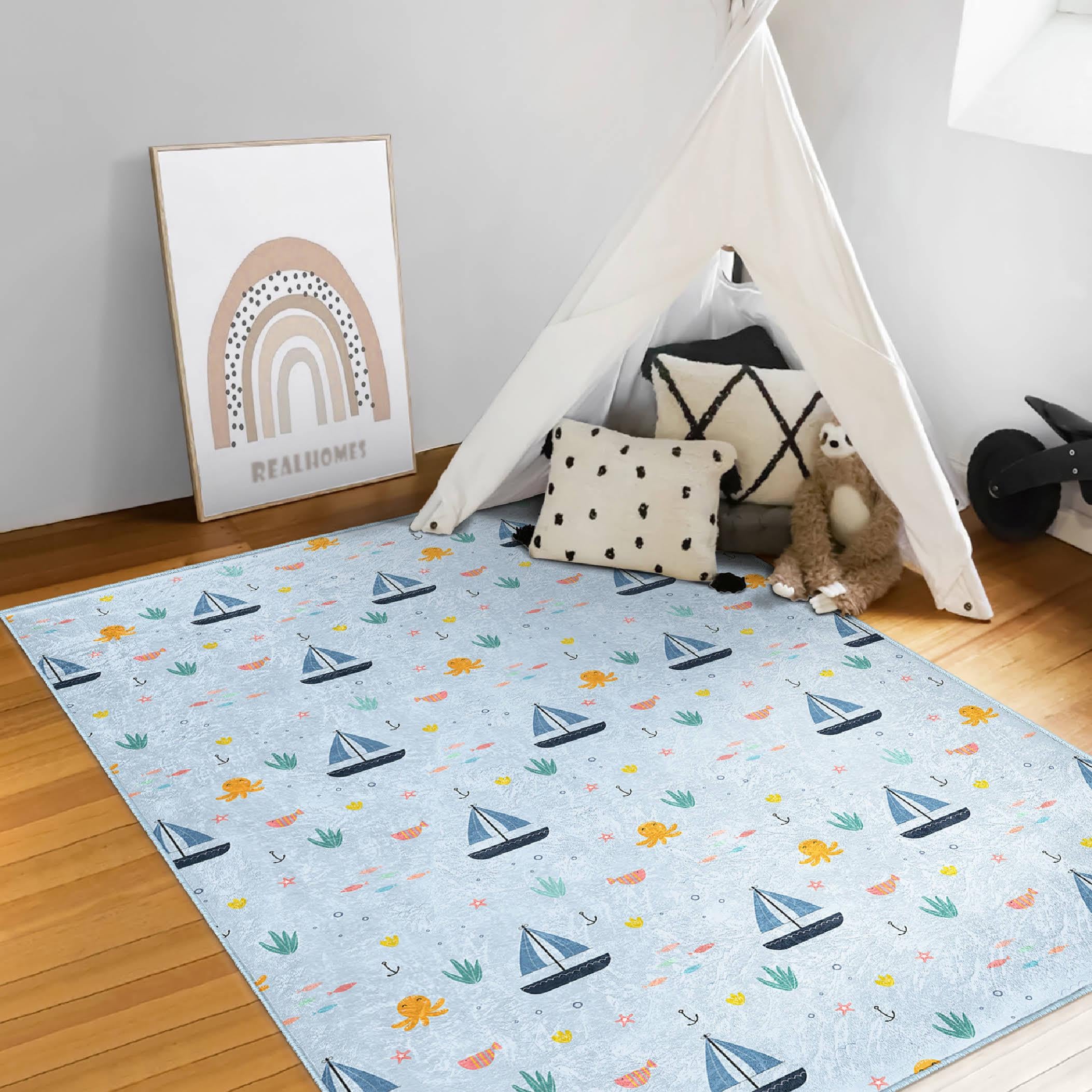 Ocean Nursery Rug | Nautical Theme Activity Mat, Sailboat Print ...