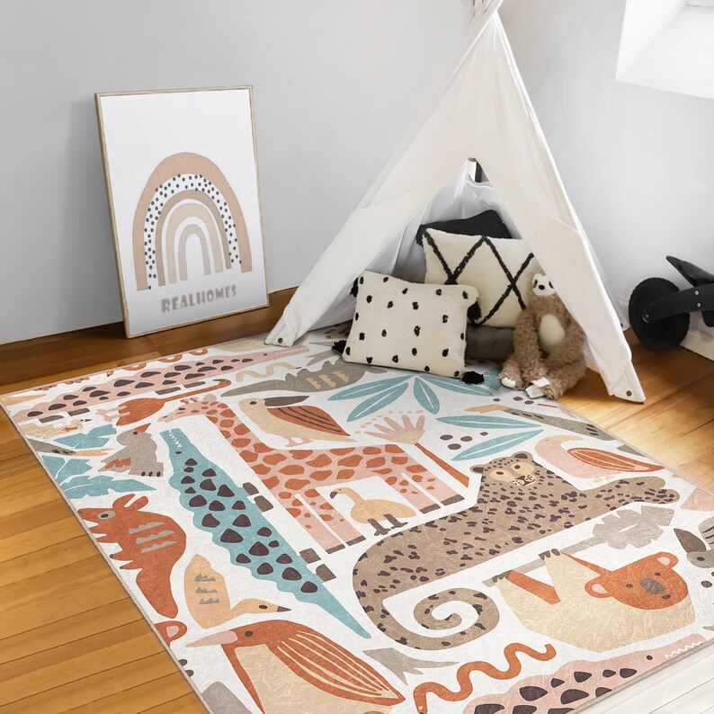 Jungle Animals Nursery Rug|safari Animal Patterned Kids Rug|zoo Animal ...