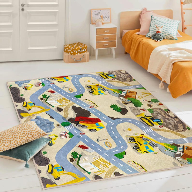 Construction Play Mat Rug|kids Road Carpet, Excavator & Truck Nursery ...