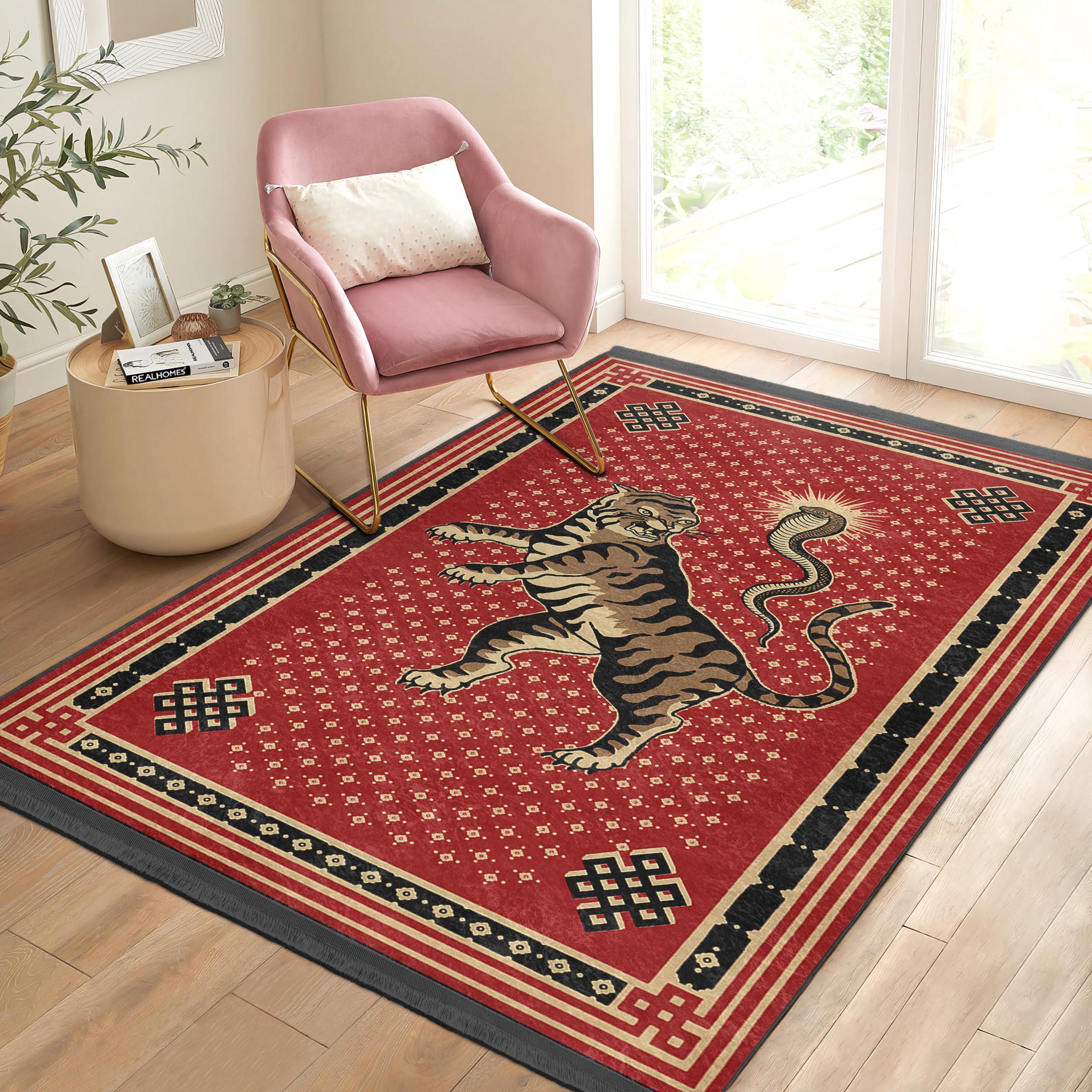 Vintage Tiger Area Rug|asian İnspired Living Room Carpet|red Oriental ...