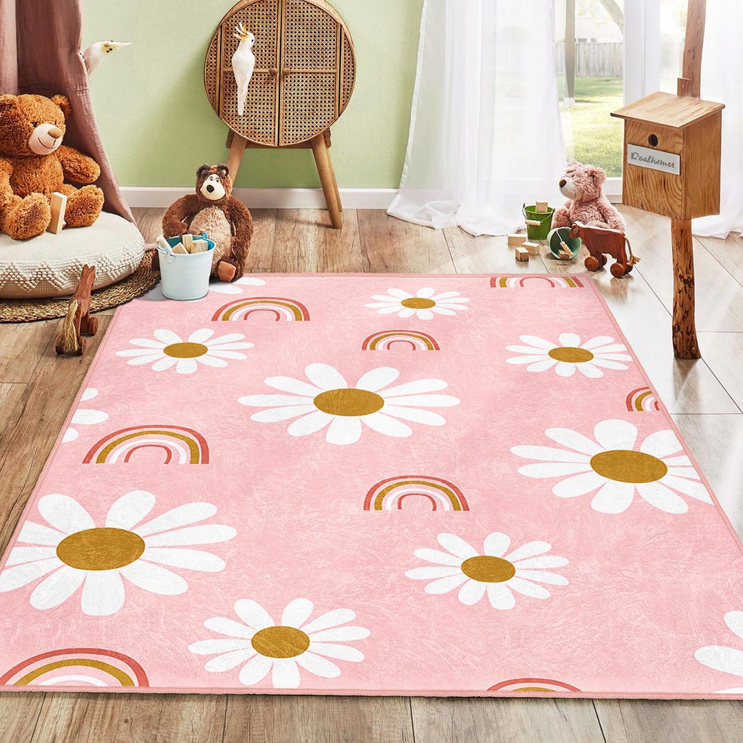 Daisy Rainbow Rug|pink Floral Kids Room Carpet|cute Playroom Carpet ...