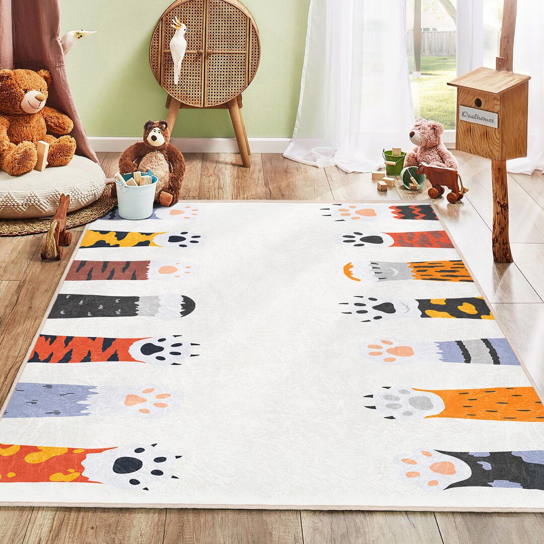 Cat Paw Nursery Rug|cute Cat Kids Room Rug|cartoon Animal Rug|colorful ...