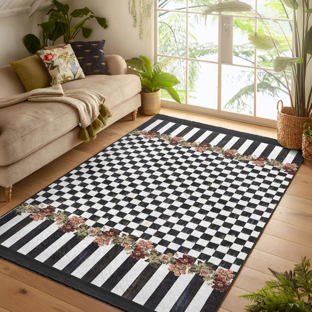 Black and White Checkered Rug|vintage Style Living Room Carpet|florel ...