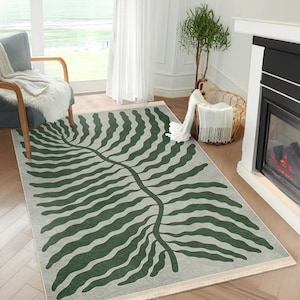 Green Leaf Area Rug|botanical Living Room Rug|scandinavian Floor Mat ...