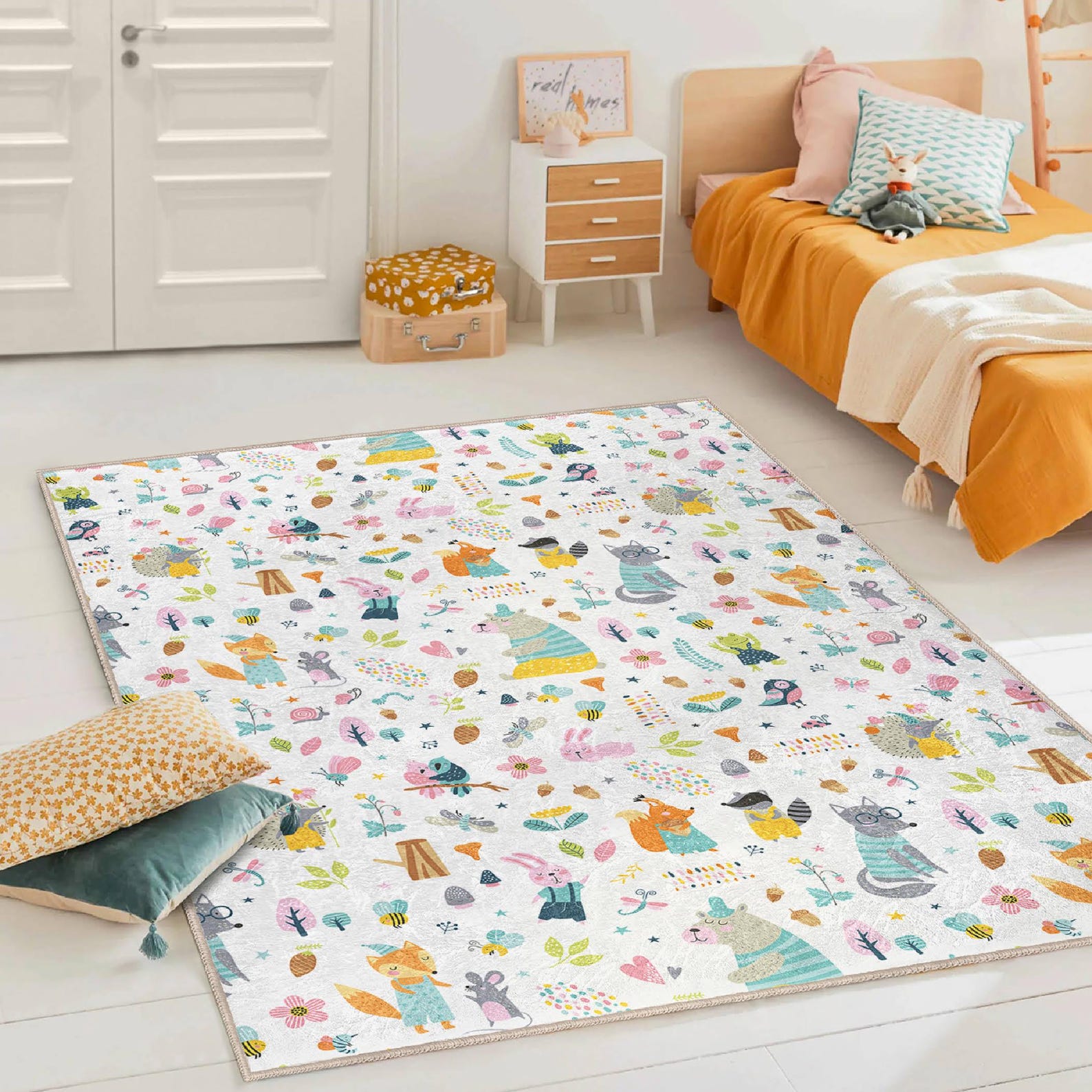 Woodland Animals Kids Rug | Nursery Activity Mat|pastel Boho Babyroom ...