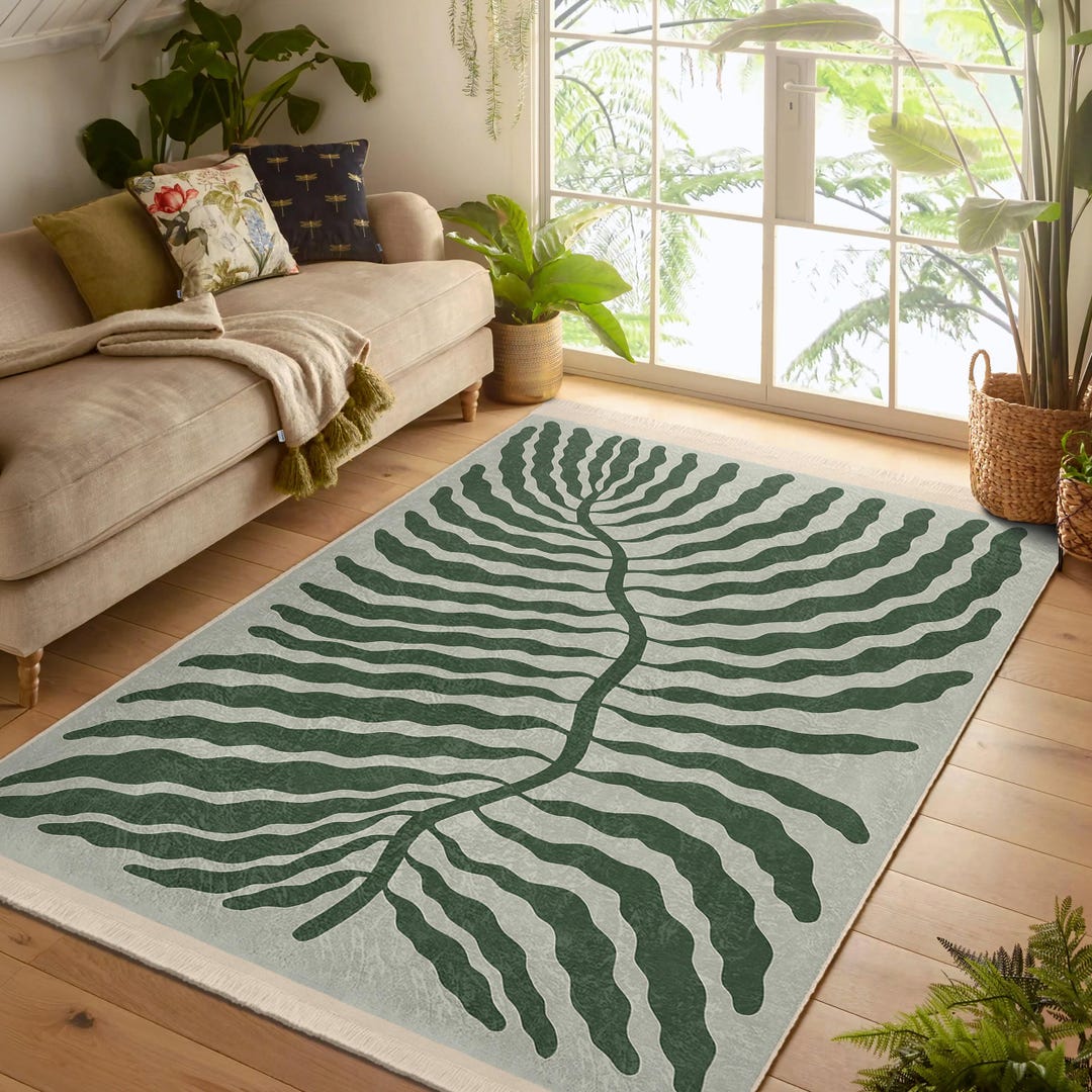 Green Leaf Area Rug|botanical Living Room Rug|scandinavian Floor Mat ...