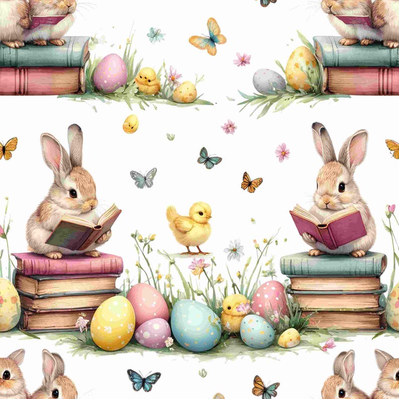 Happy Easter Digital Paper Pack 1 - Reading Rabbit Seamless Pattern ...