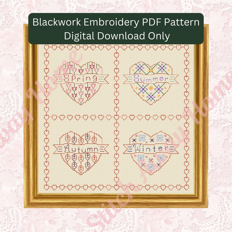 Seasons of the Heart Blackwork Pattern, Backstitch, Seasonal Stitchery ...