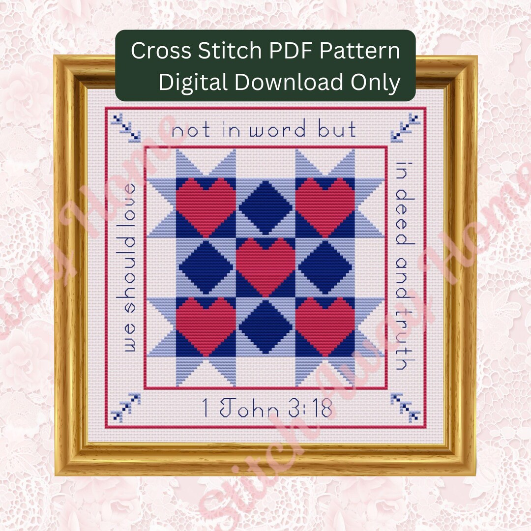 Love in Deed Cross Stitch Pattern: Heart Quilt Block Inspired Design ...