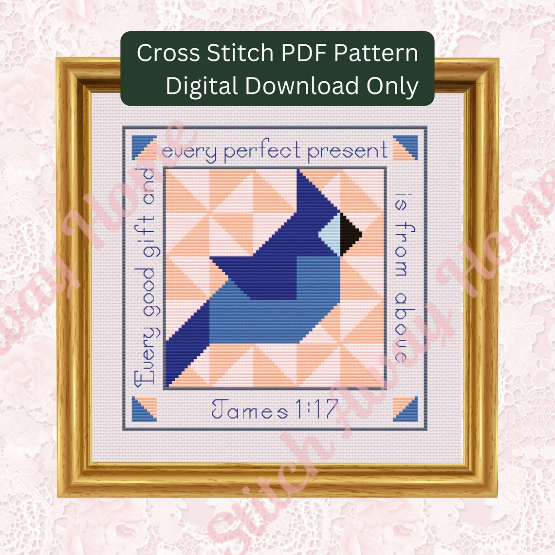 Blue Jay Quilt Cross Stitch Pattern, James 1, Bird Cross Stitch, Bible ...