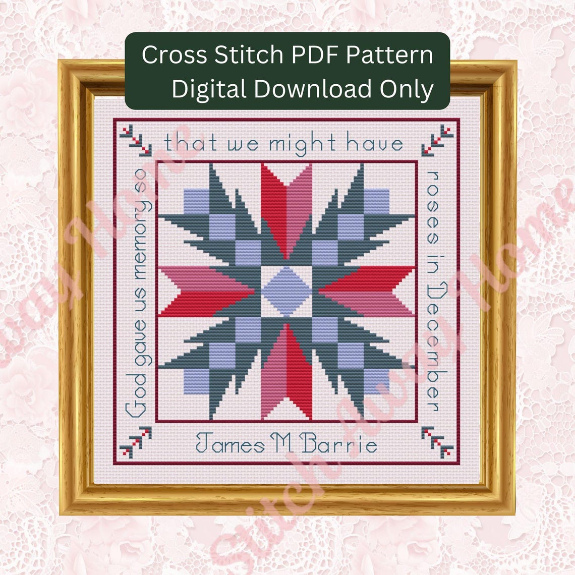 Roses in December Cross Stitch Pattern: Flower Snowflake Quilt Block ...