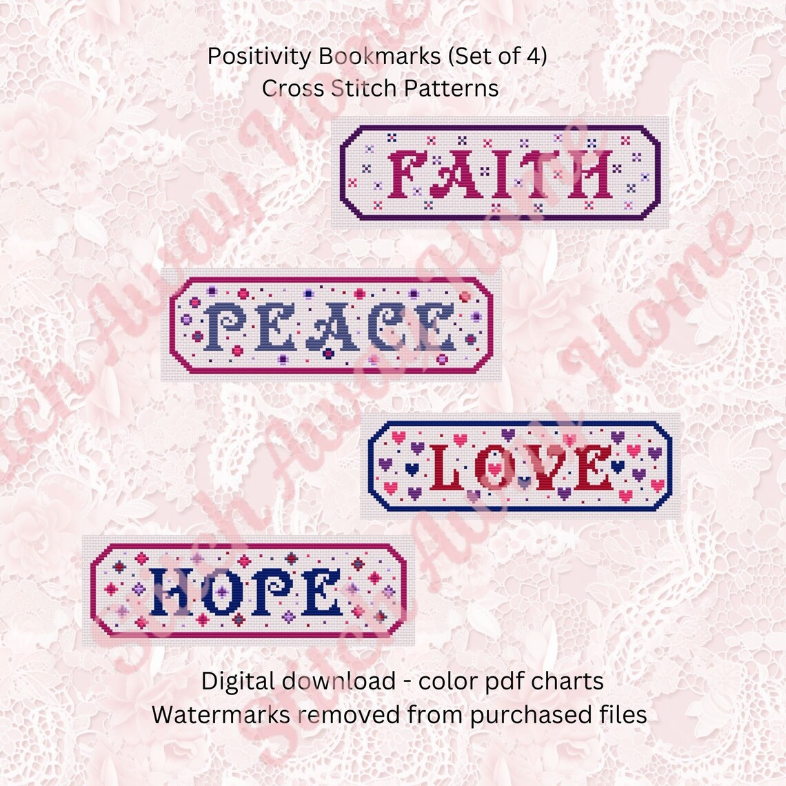 Positivity Bookmarks, Set of 4, Faith Hope Love Peace, Cross Stitch ...