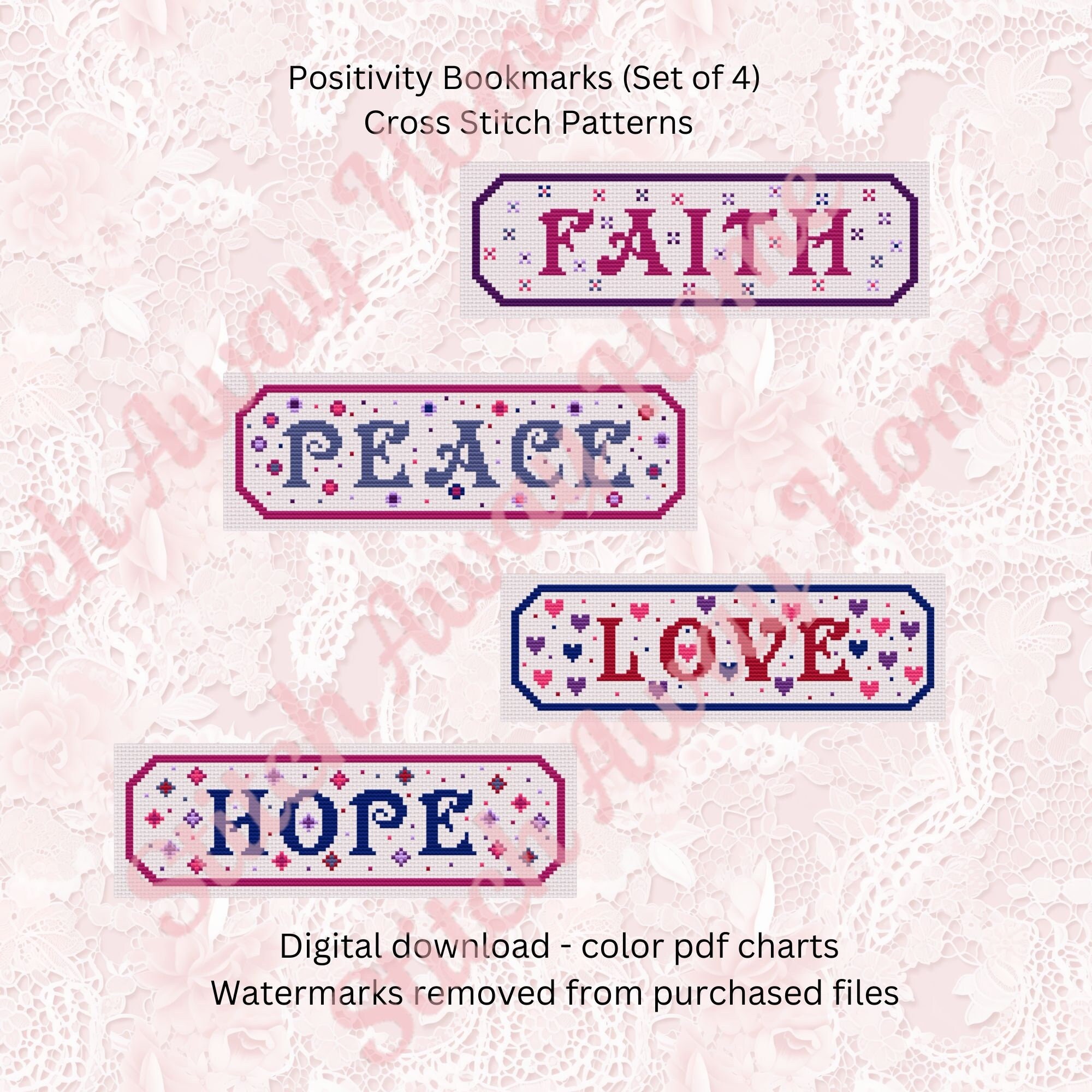 Positivity Bookmarks, Set of 4, Faith Hope Love Peace, Cross Stitch ...