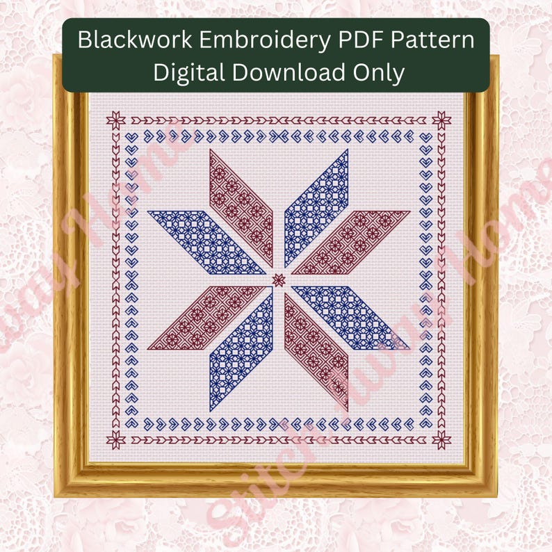 Star Quilt Block Blackwork Pattern, Lemoyne Star, Eight Point Star, Quilt Inspired Blackwork ...