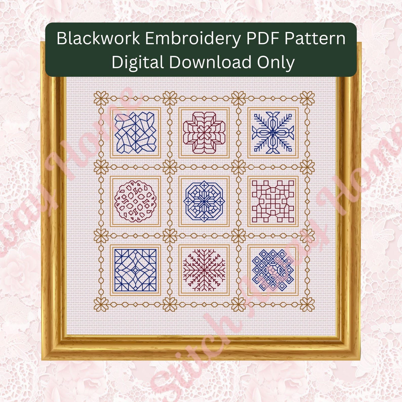 Blackwork Sampler 1 Embroidery Pattern, Nine Patch, Backstitch Only ...